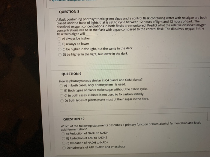Solved QUESTION 8 A flask containing photosynthetic green | Chegg.com