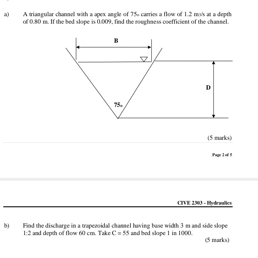 Solved a) A triangular channel with a apex angle of 75. | Chegg.com