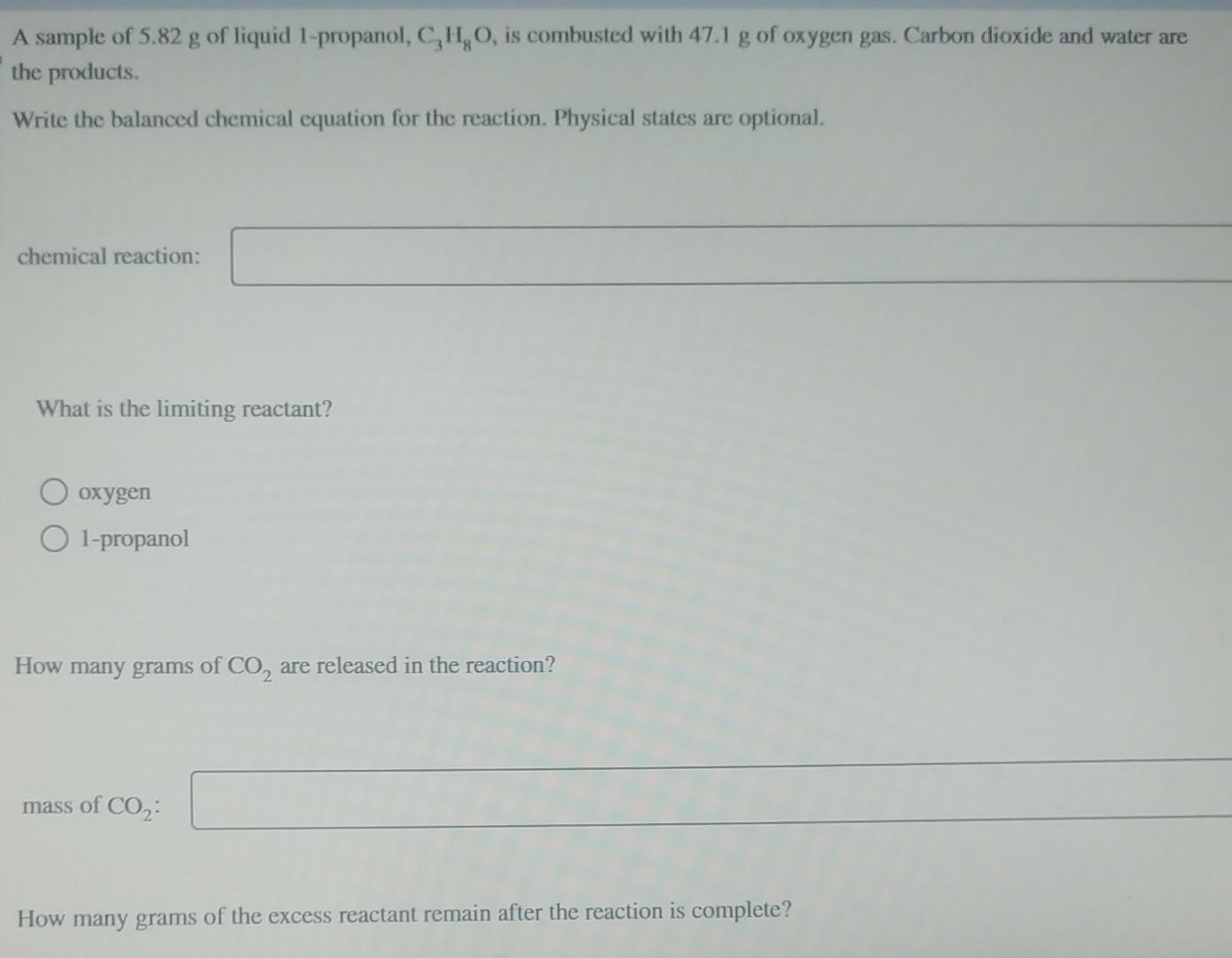 Solved A sample of 5.82 g of liquid 1-propanol, C3H8O, is | Chegg.com