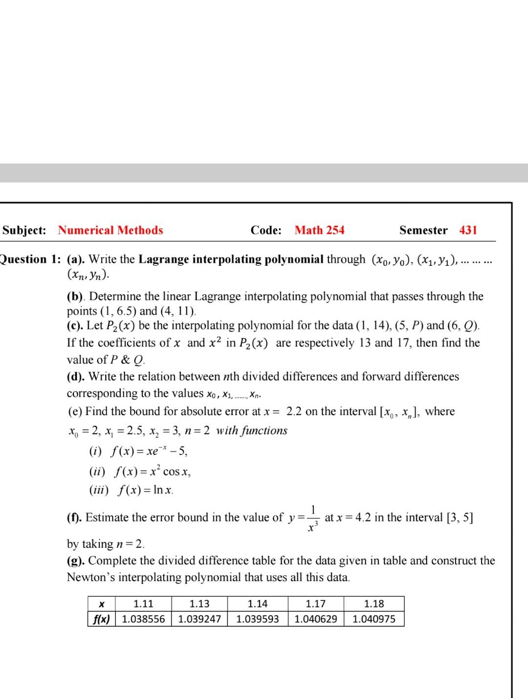 Solved Subject: Numerical Methods Code: Math 254 Semester | Chegg.com