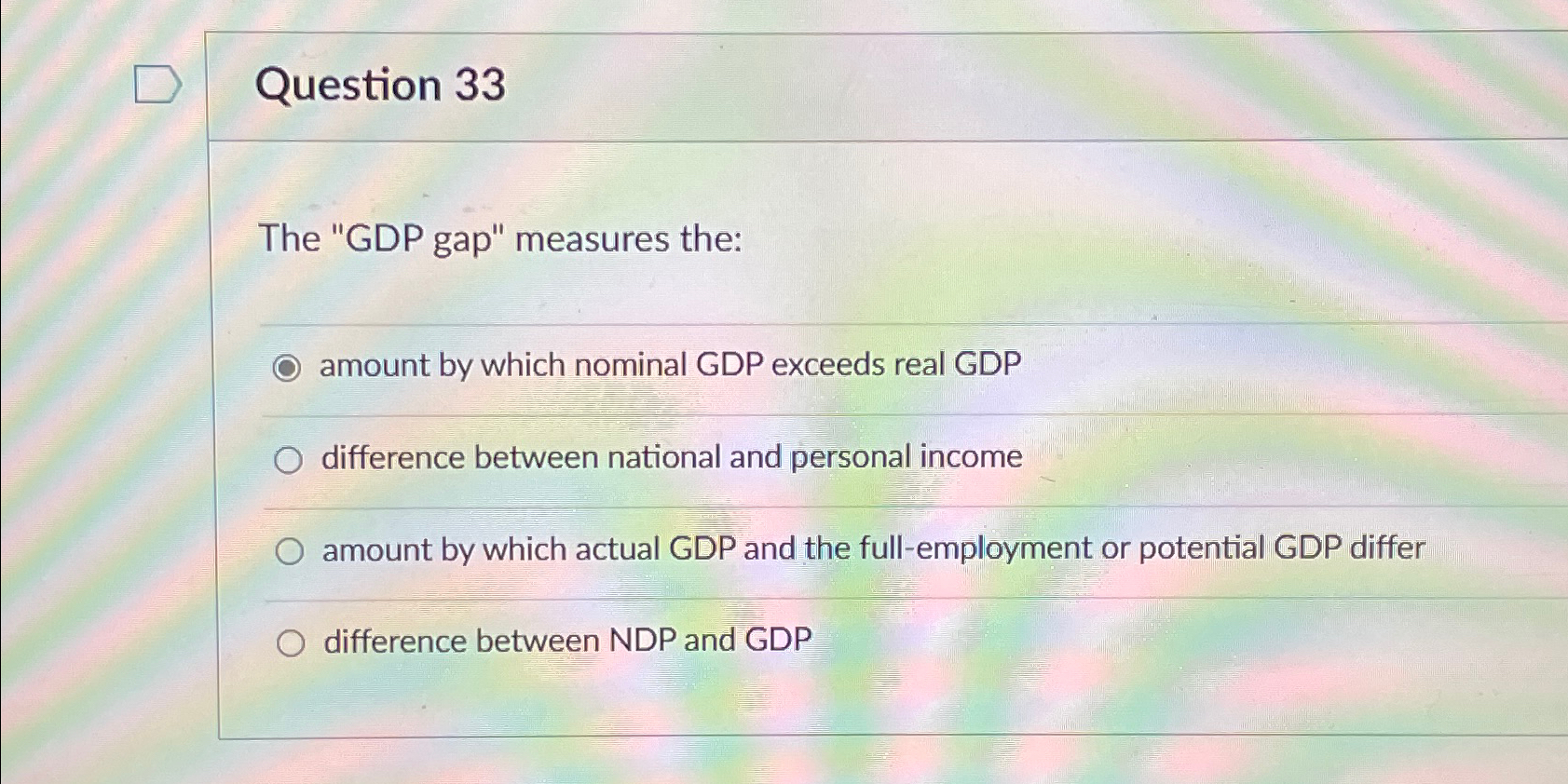 Solved Question 33The "GDP gap" measures the:amount by which | Chegg.com