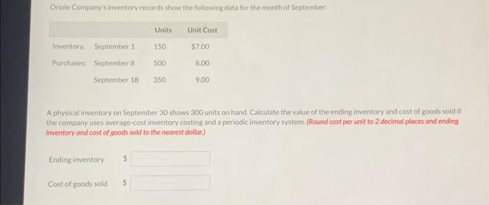 Solved Oriole Company's inventory records show the following | Chegg.com