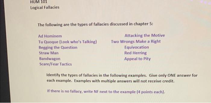 Solved The following are the types of fallacies discussed in | Chegg.com