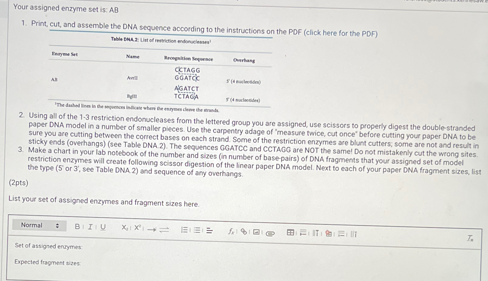 Solved Your assigned enzyme set is: ABPrint, cut, and | Chegg.com
