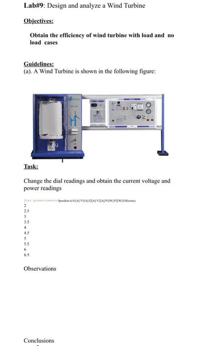Lab#9: Design and analyze a Wind Turbine Objectives: | Chegg.com