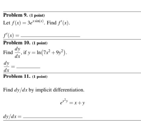 Solved Problem 9. (1 ﻿point)Let f(x)=3exsin(x). ﻿Find | Chegg.com