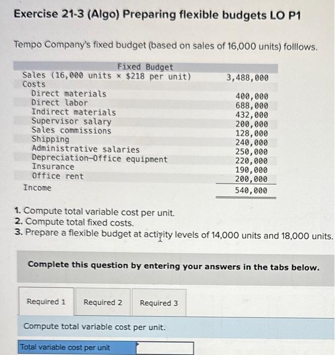 Solved Exercise 21-3 (Algo) Preparing flexible budgets LO P1 | Chegg.com