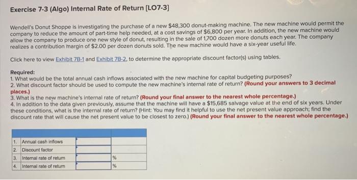 Solved Exercise 7-3 (Algo) Internal Rate of Return [LO7-3) | Chegg.com
