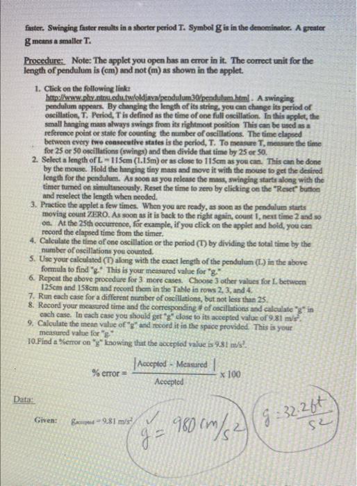 Solved Experiment 5 The Acceleration of Gravity (g) | Chegg.com