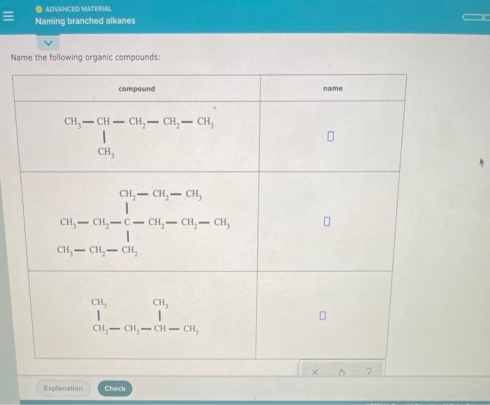 Solved = ADVANCED MATERIAL Naming branched alkanes Name the | Chegg.com