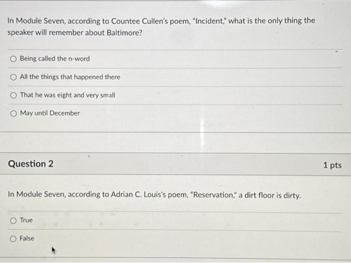 In Module Seven, according to Countee Cullen's poem, | Chegg.com