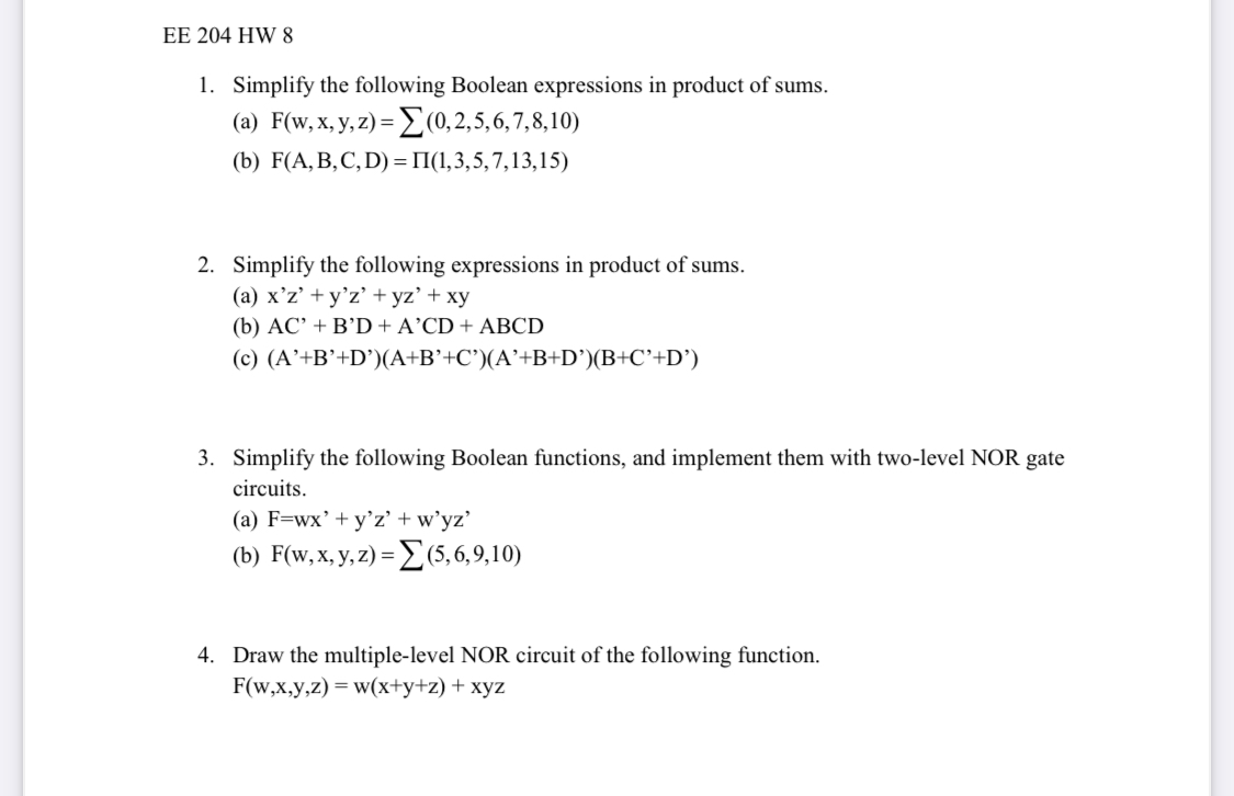Solved EE 204 ﻿HW 8Simplify the following Boolean | Chegg.com