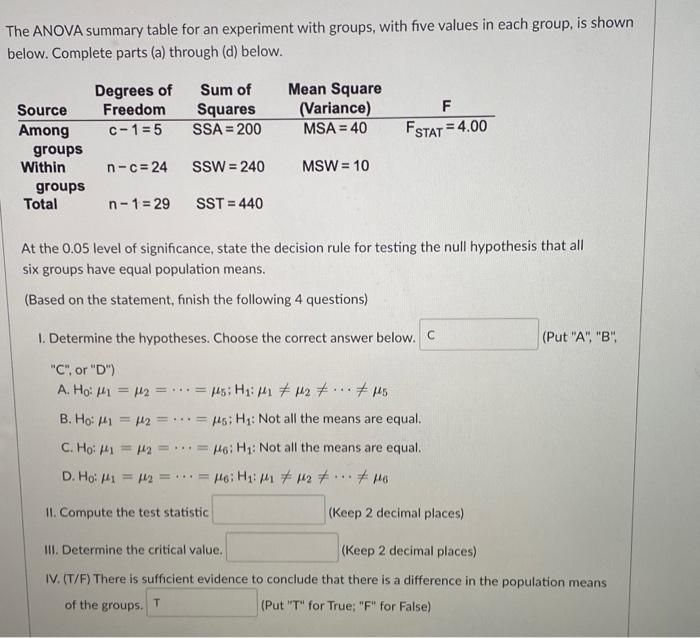 Solved The ANOVA summary table for an experiment with | Chegg.com