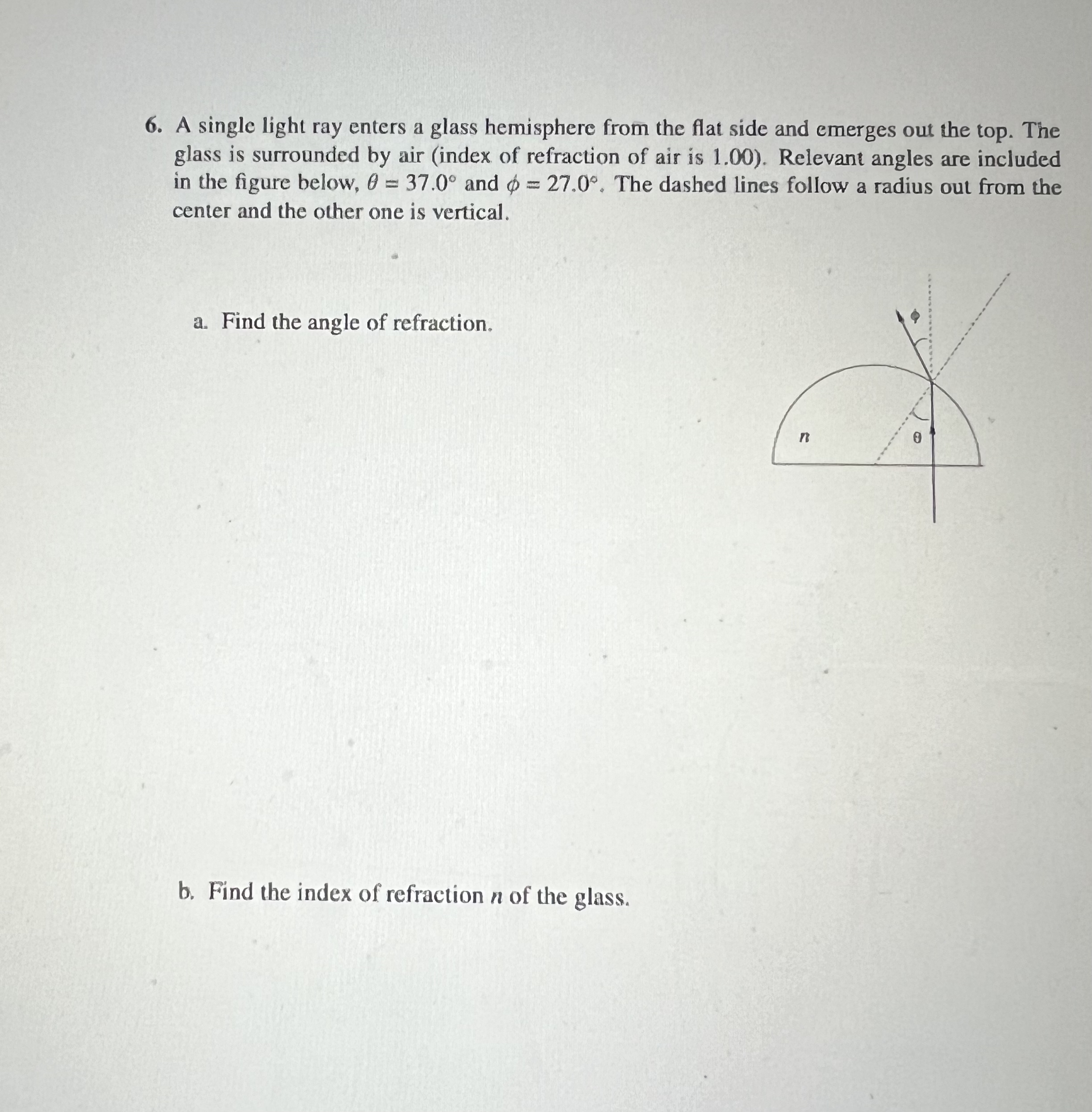 Solved A single light ray enters a glass hemisphere from the | Chegg.com