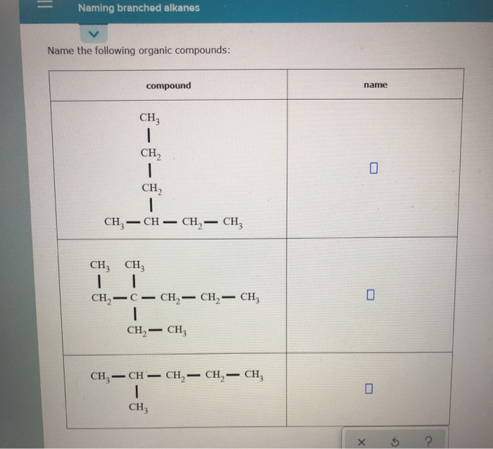 Solved Naming branched alkanes Name the following organic | Chegg.com