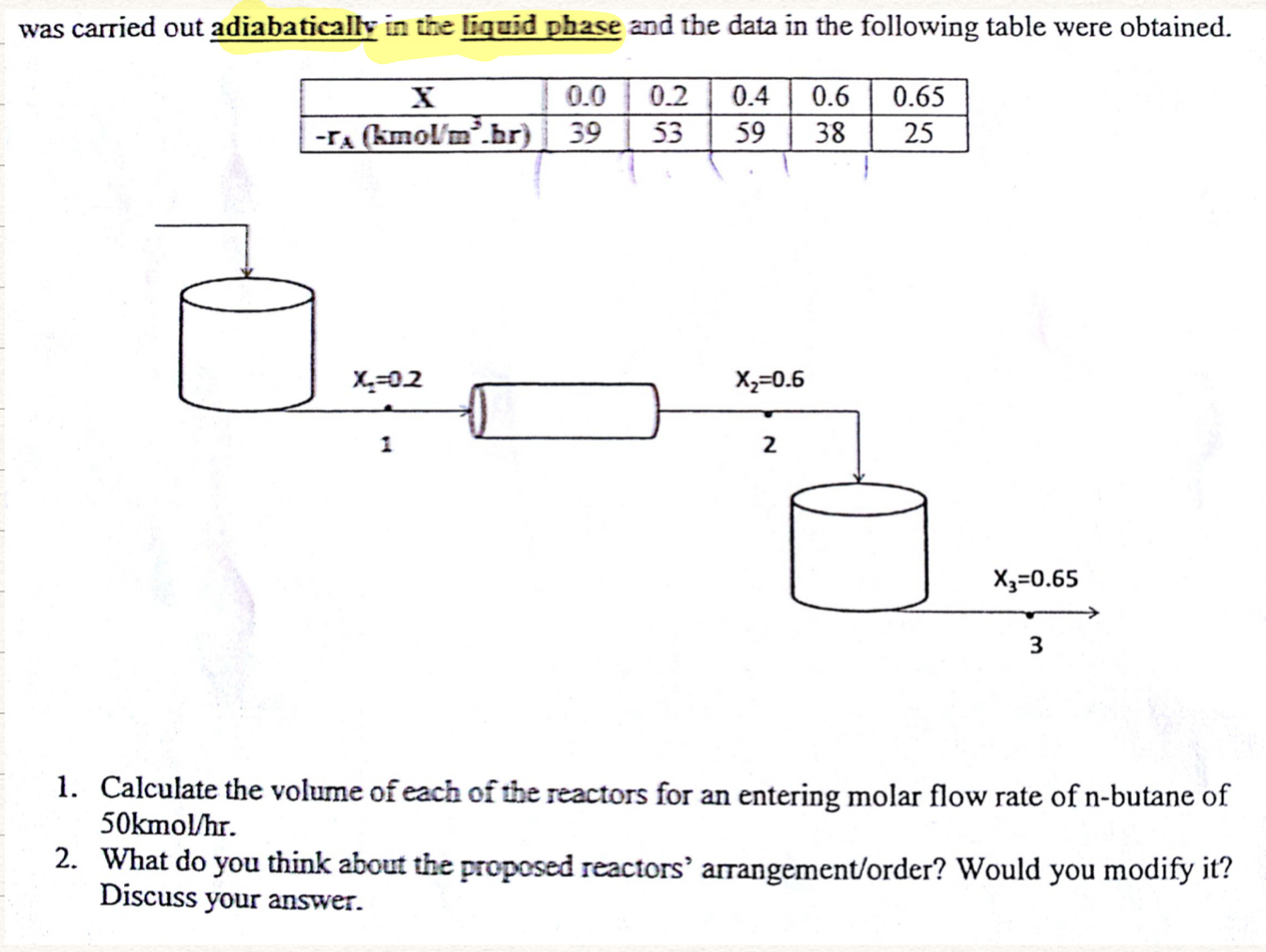 Solved was carried out adiabatically in the liquid phase and | Chegg.com