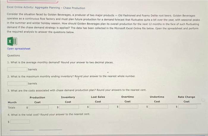 Solved Excel Online Activity: Aggregate Planning Chase | Chegg.com