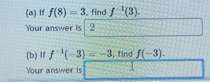 Solved (a) If f(8) = 3, find f ¹(3). Your answer is 2 (b) If | Chegg.com