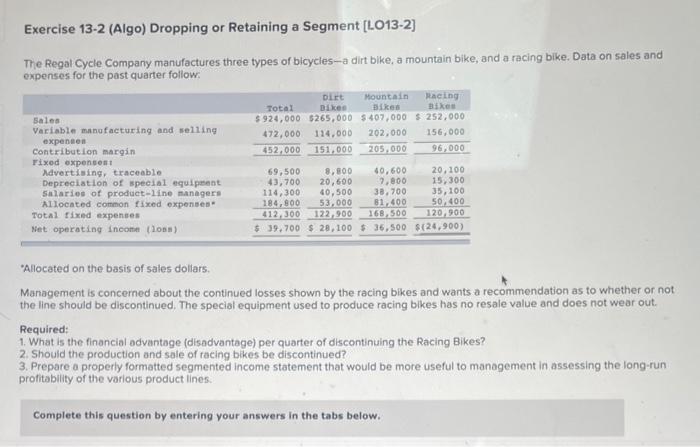 Solved Exercise 13-2 (Algo) Dropping or Retaining a Segment | Chegg.com