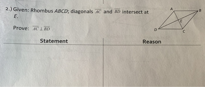 Solved 2.) Given: Rhombus ABCD; diagonals AC and BD | Chegg.com