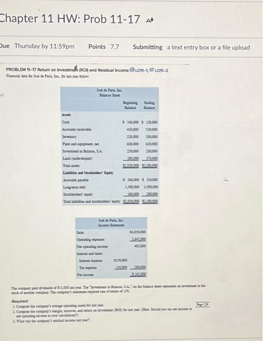 Solved Chapter 11 HW: Prob 11-17 A* Due Thursday by 11:59pm | Chegg.com