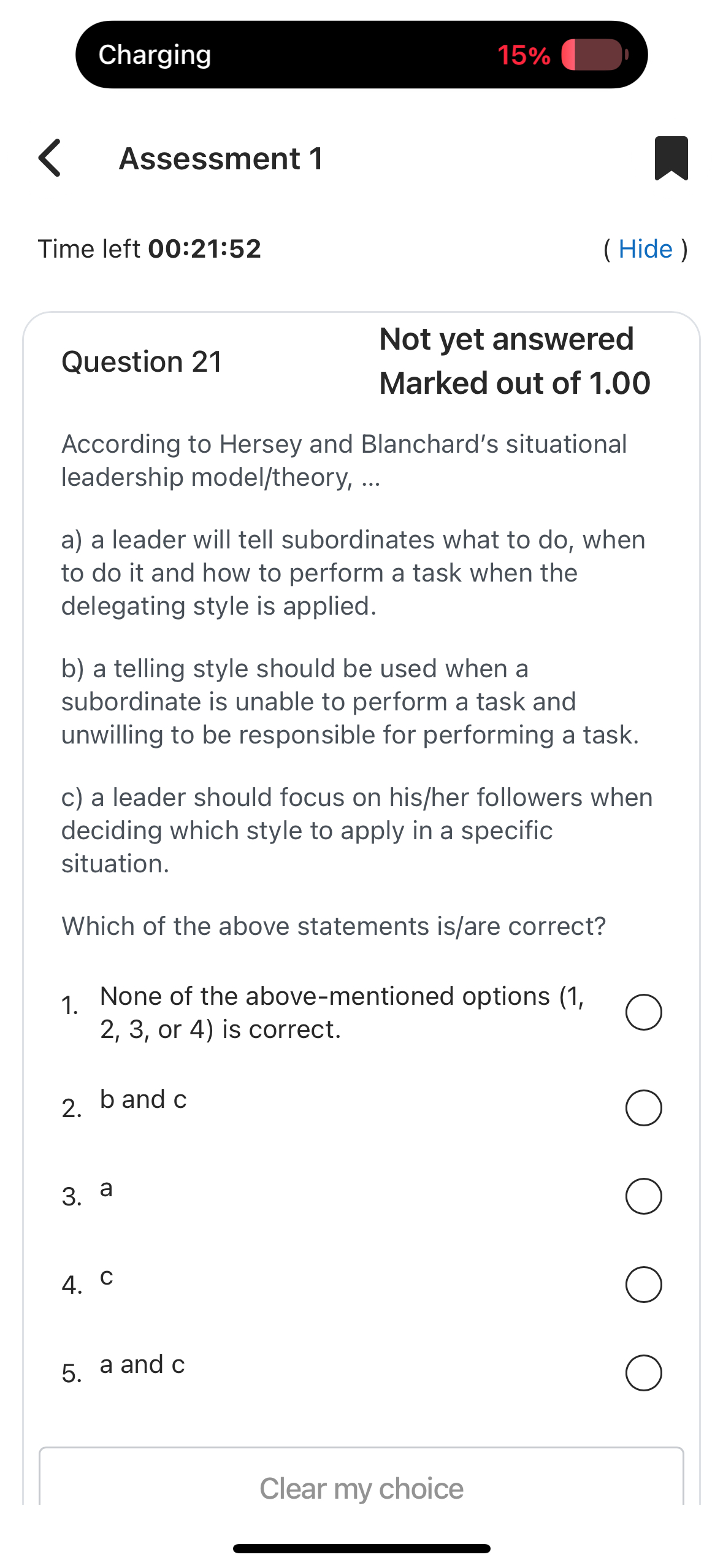 Solved Charging15%Assessment 1Time left 00:21:52( ﻿Hide | Chegg.com