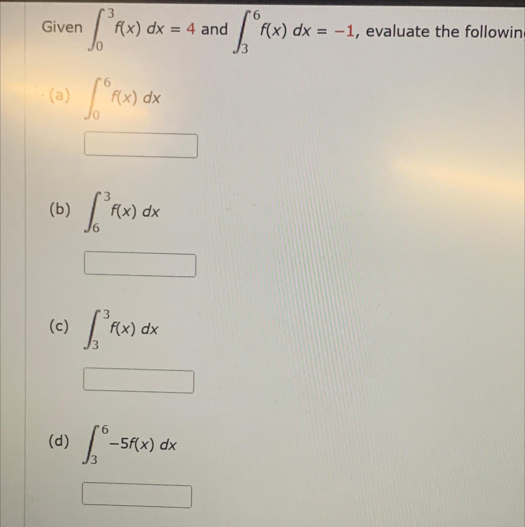 Solved Given ∫03f(x)dx=4 ﻿and ∫36f(x)dx=-1, ﻿evaluate the | Chegg.com