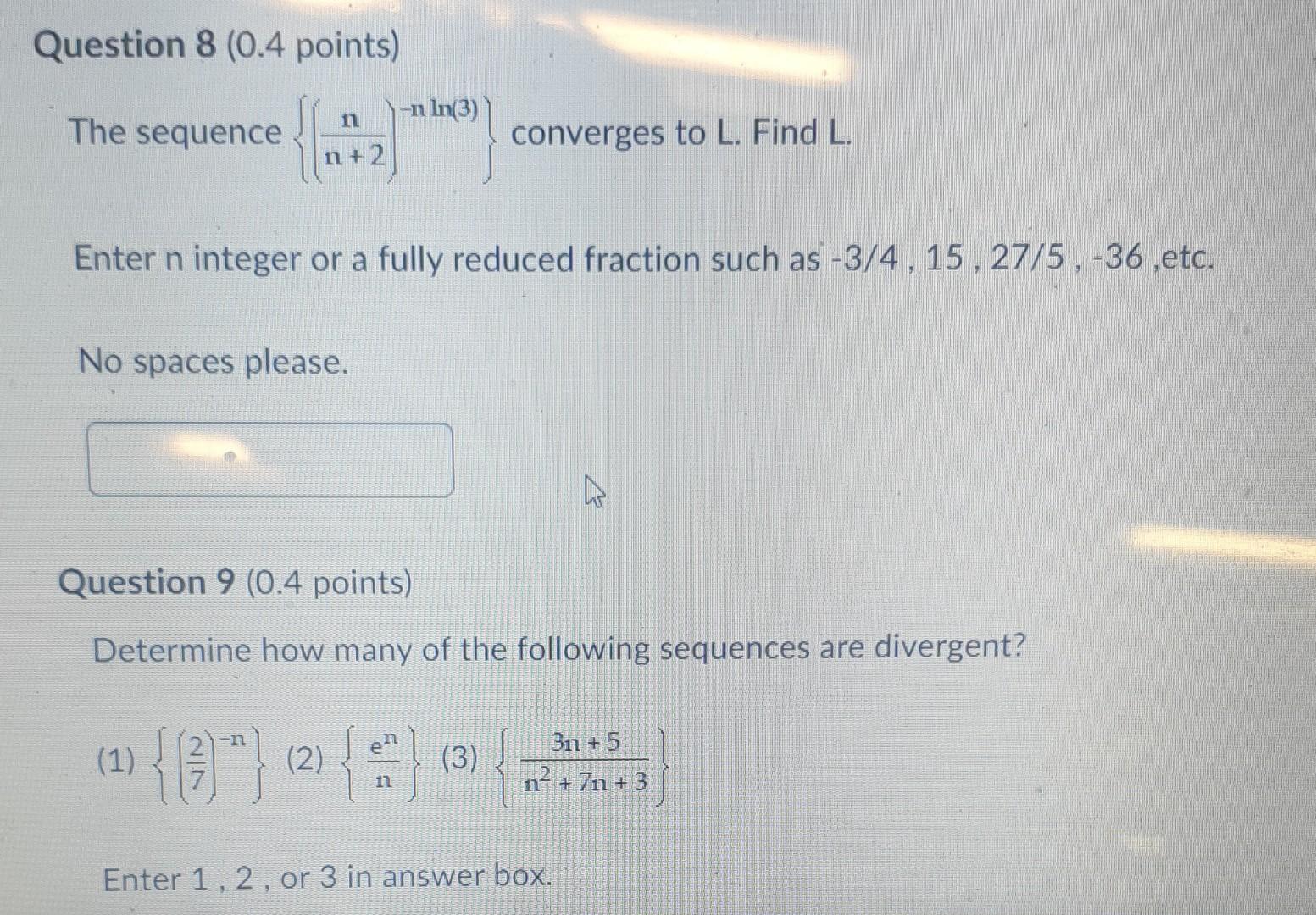 Solved The sequence {(n+2n)−nln(3)} converges to L. Find L. | Chegg.com