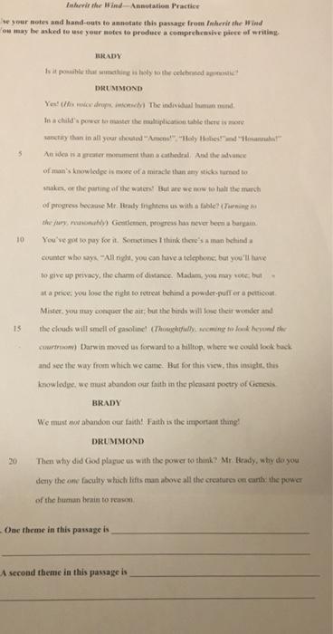 Inherit the Wind Annotation Practice se your notes | Chegg.com