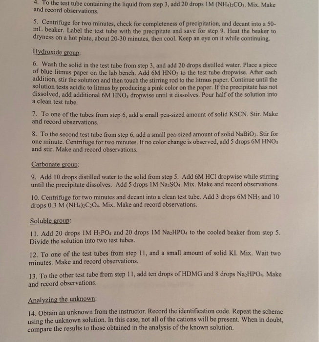 Experiment 11: Qualitative Analysis of Cations | Chegg.com