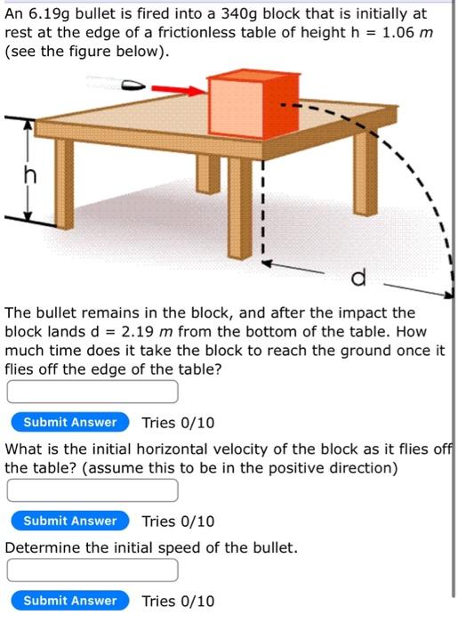 Solved An 6.19 g bullet is fired into a 340 g block that is | Chegg.com
