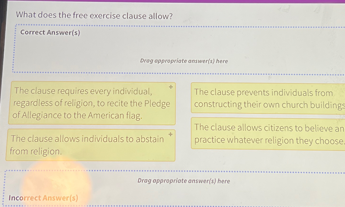 Solved What does the free exercise clause allow?Correct | Chegg.com