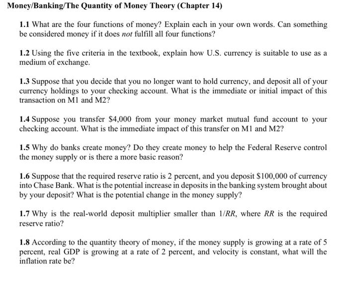 Solved Money/Banking/The Quantity of Money Theory (Chapter | Chegg.com