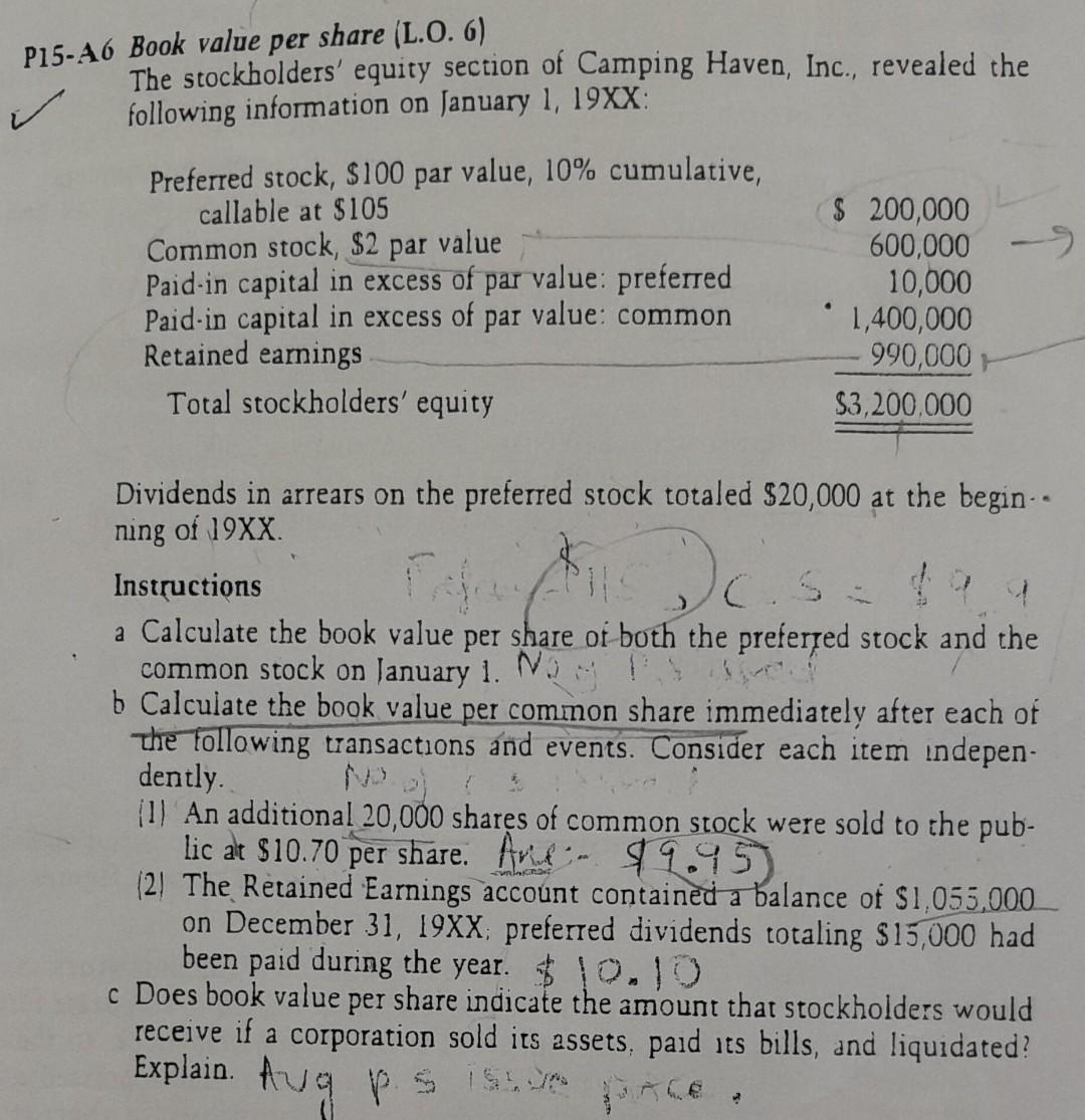 Solved -A6 Book value per share (L.O. 6) The stockholders' | Chegg.com