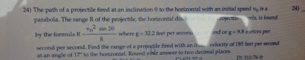 Solved The path of a projectile fired at an inclination θ | Chegg.com