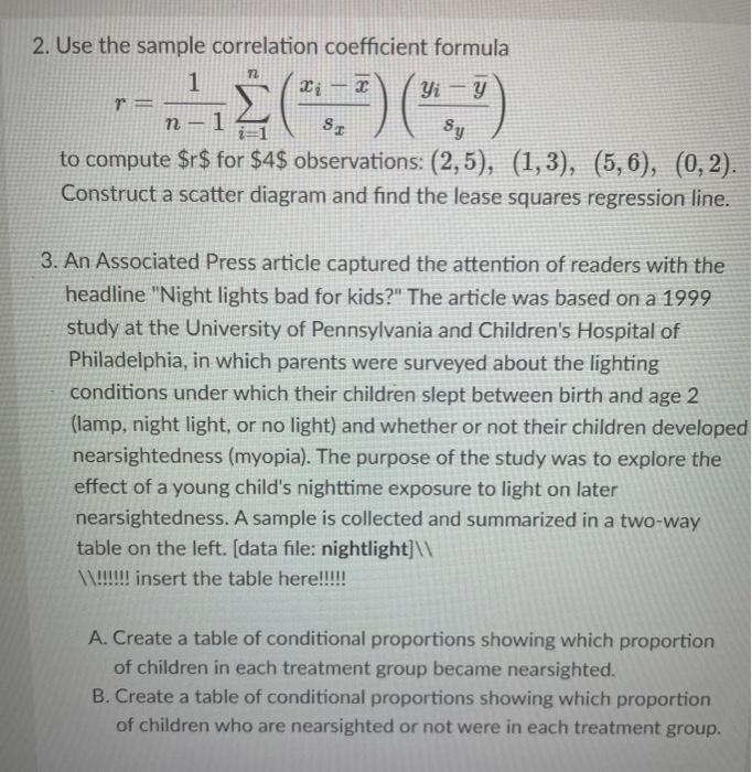Solved 2. Use the sample correlation coefficient formula 1 | Chegg.com