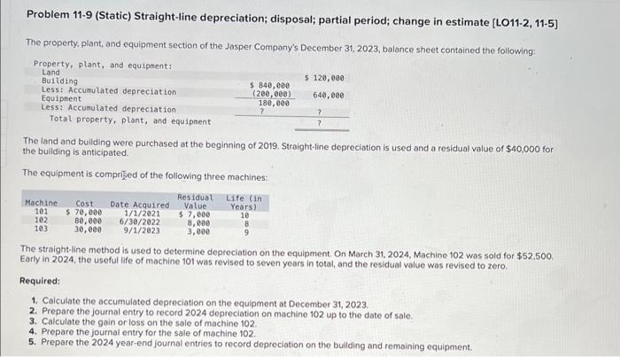 Solved Problem 11-9 (Static) Straight-line depreciation; | Chegg.com