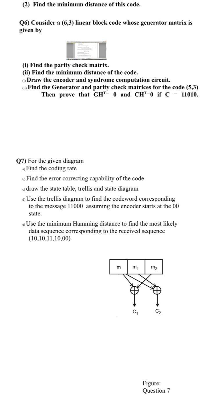(2) ﻿Find the minimum distance of this code.Q6) | Chegg.com