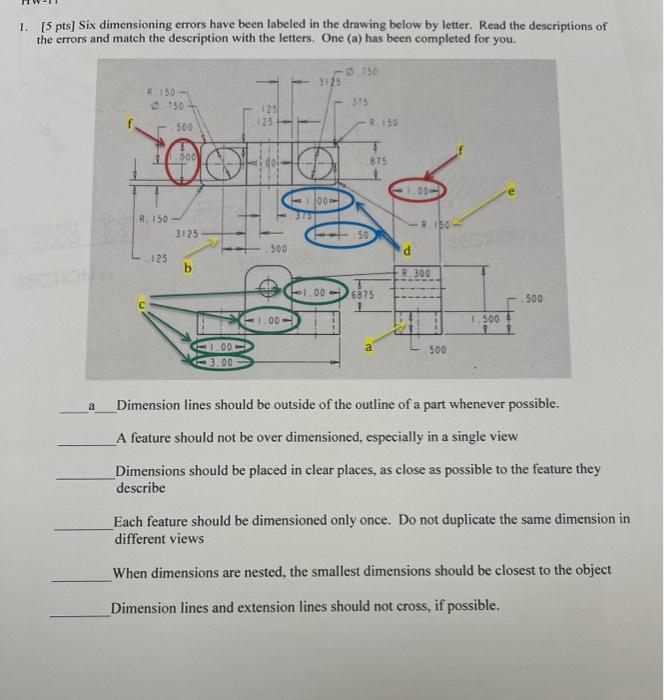 Solved 1. [ 5 pts] Six dimensioning errors have been labeled | Chegg.com