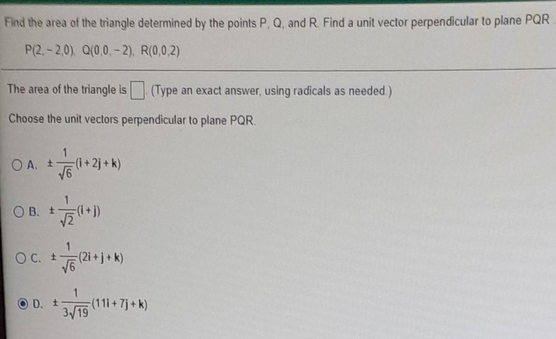 Solved Find the area of the triangle determined by the | Chegg.com