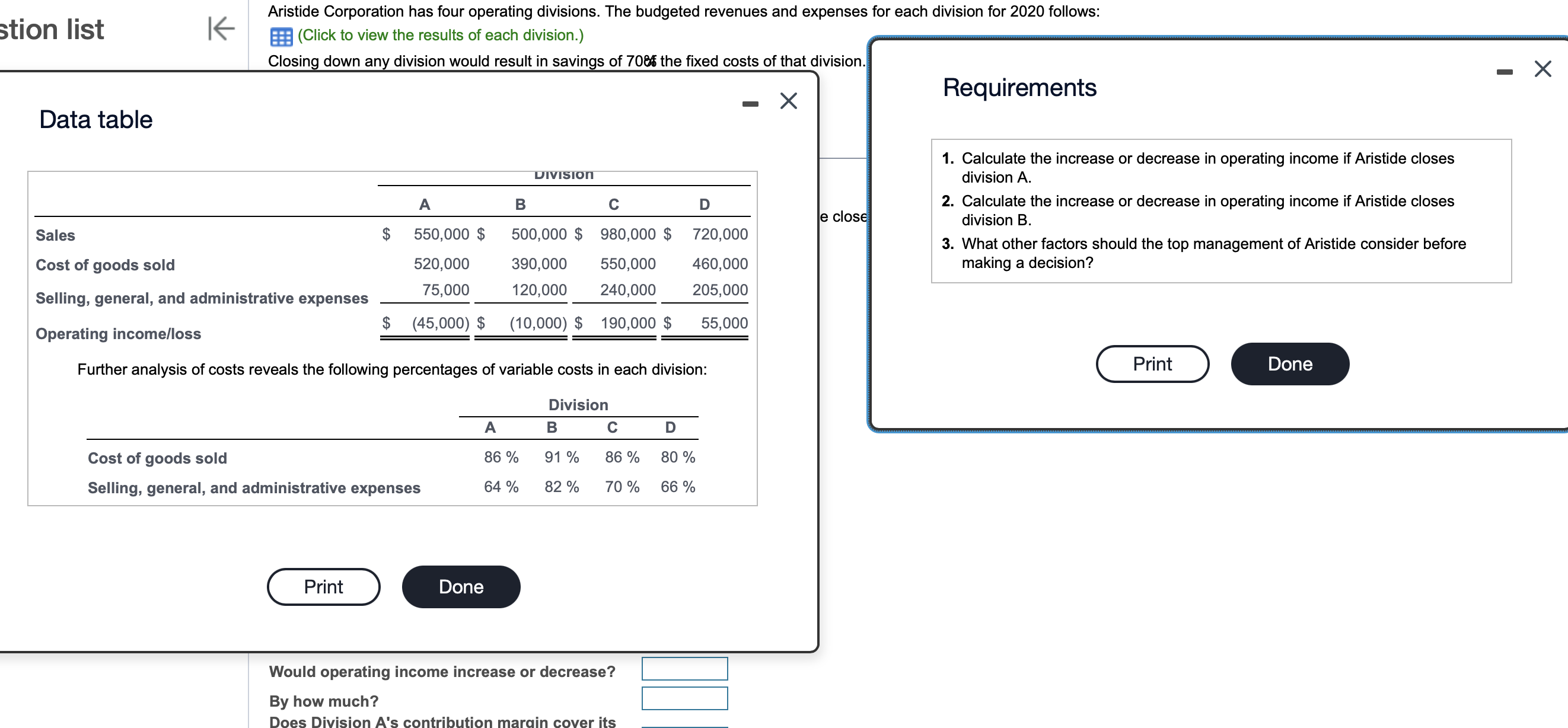 Solved Aristide Corporation has four operating divisions. | Chegg.com