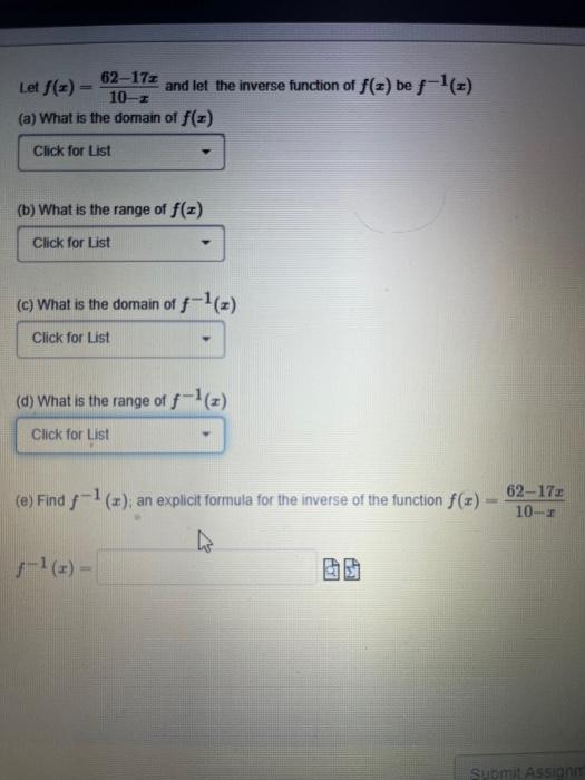 Solved Let f(x)=10−x62−17x and let the inverse function of | Chegg.com