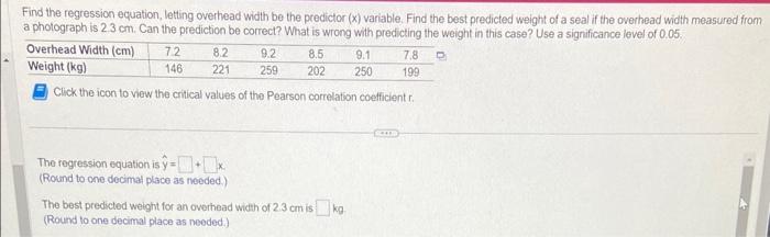 Solved Find the regression equation, letting overhead width | Chegg.com