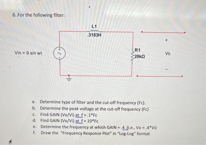 Solved 5. For the following filter: Vin =10sinwt a. | Chegg.com