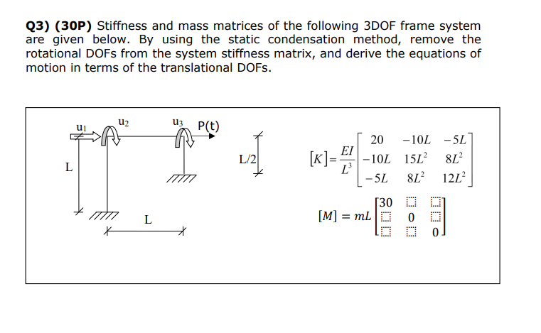 Solved Q3) ﻿P(t) =sinwt W (kN) =750L(m) =4E (MPa) =26000I | Chegg.com