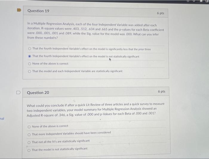 Solved Question 19 6 pts In a Multiple Regression Analysis, | Chegg.com