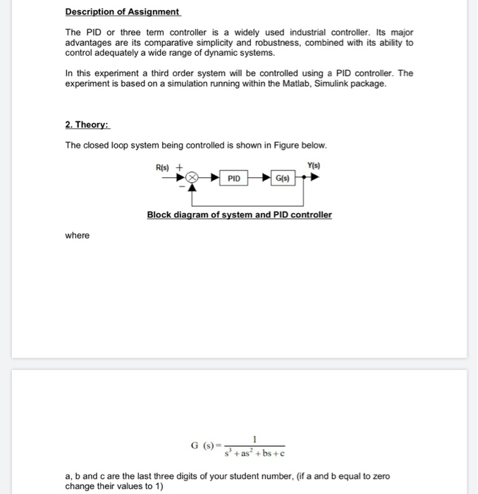 Description of Assignment The PID or three term | Chegg.com
