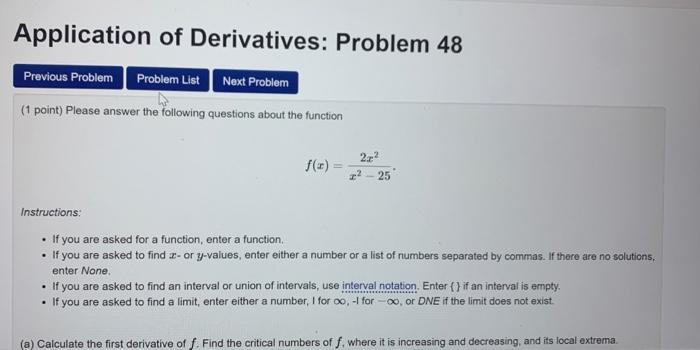 Solved Application of Derivatives: Problem 48 (1 point) | Chegg.com