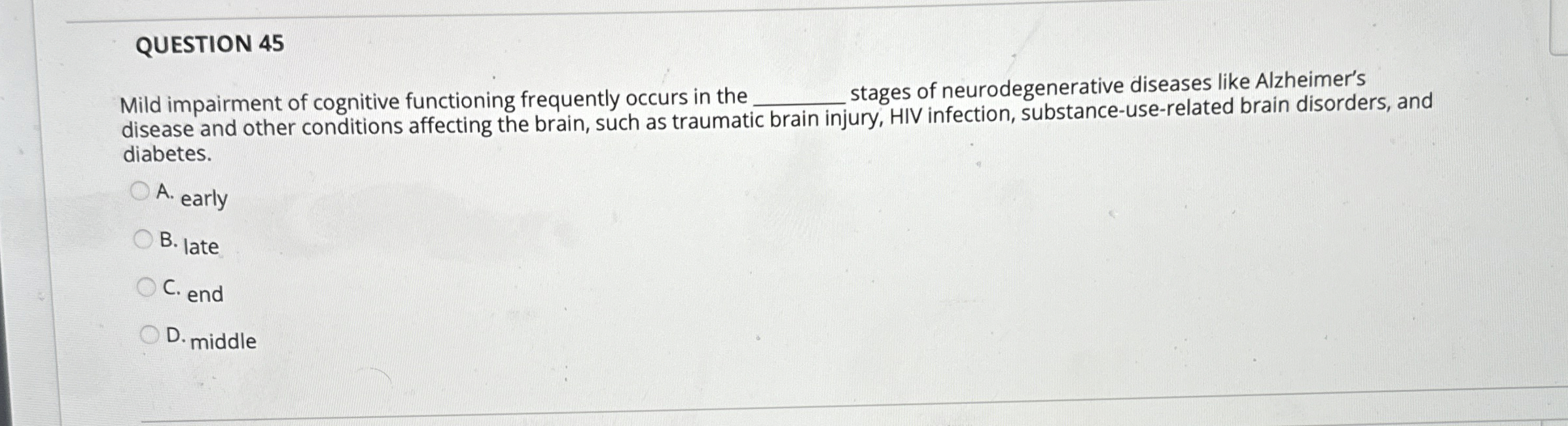 Solved QUESTION 45Mild impairment of cognitive functioning | Chegg.com