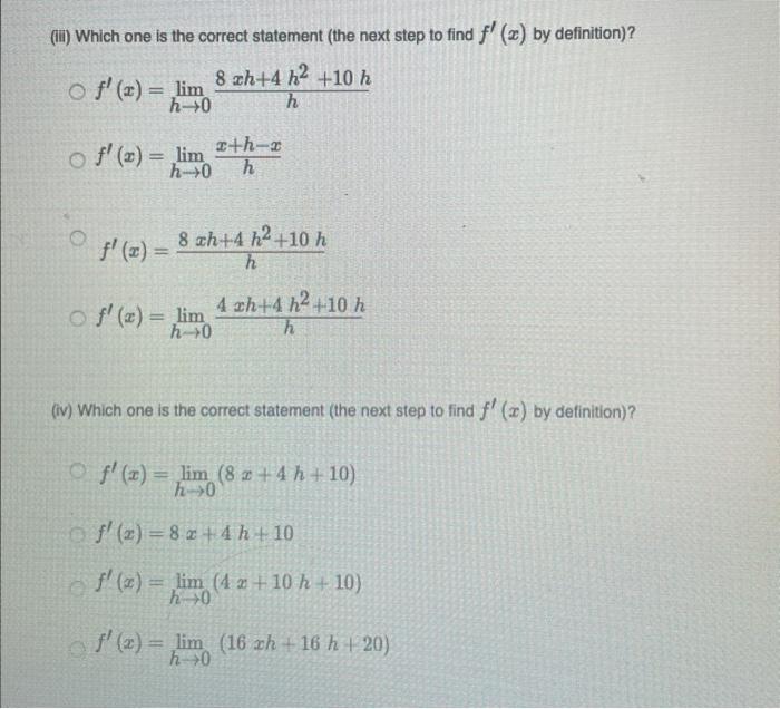 Solved Let f(x)=4x2+10x+10. We will use the definition of | Chegg.com